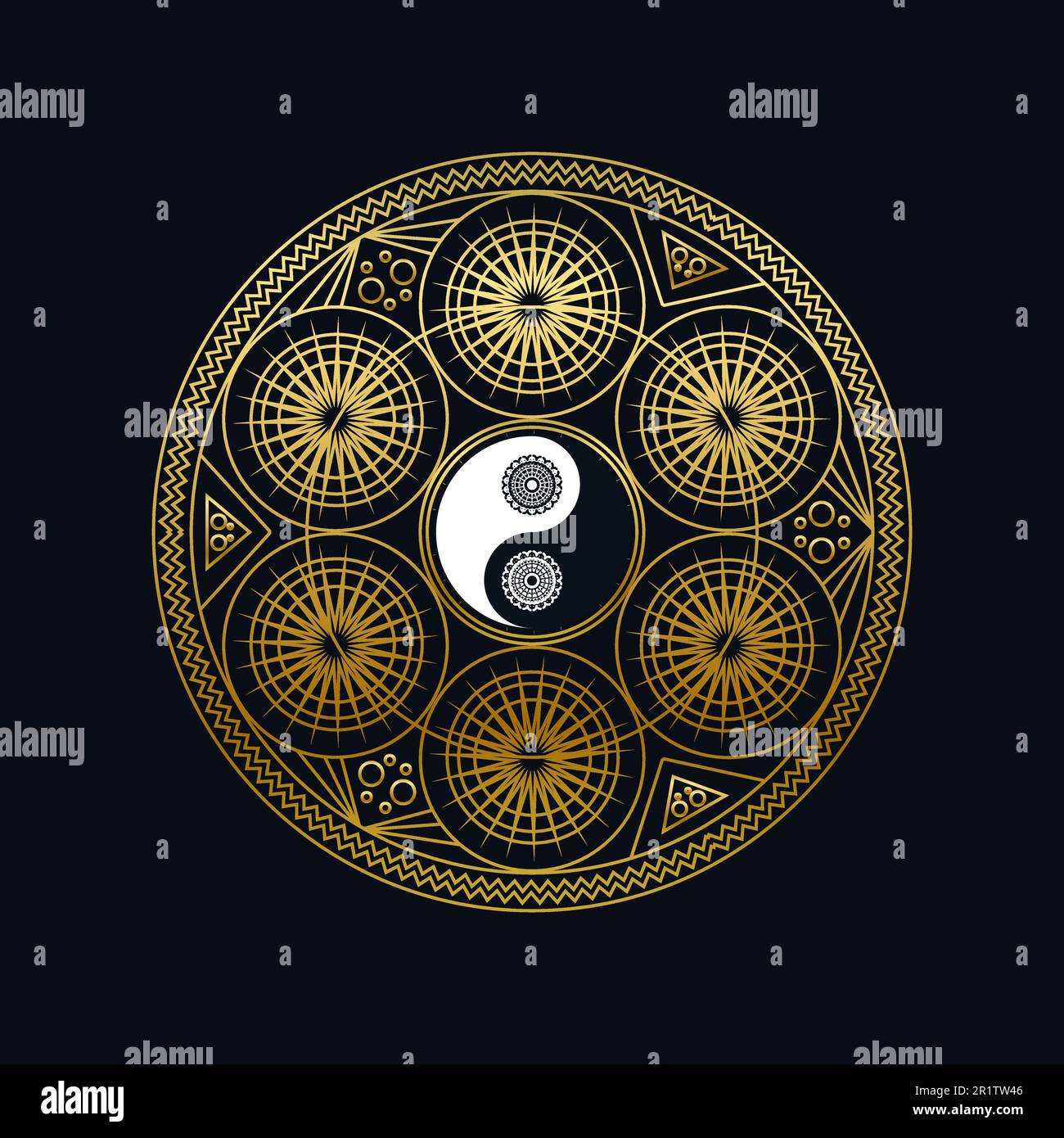 Meditation Icon Template with Golden Yin Yang Sign In Mandala Outline ...