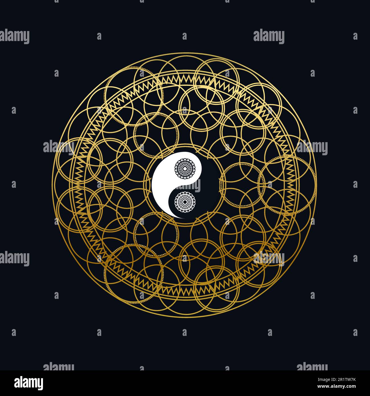Meditation Icon Template with Golden Yin Yang Sign In Mandala Outline ...