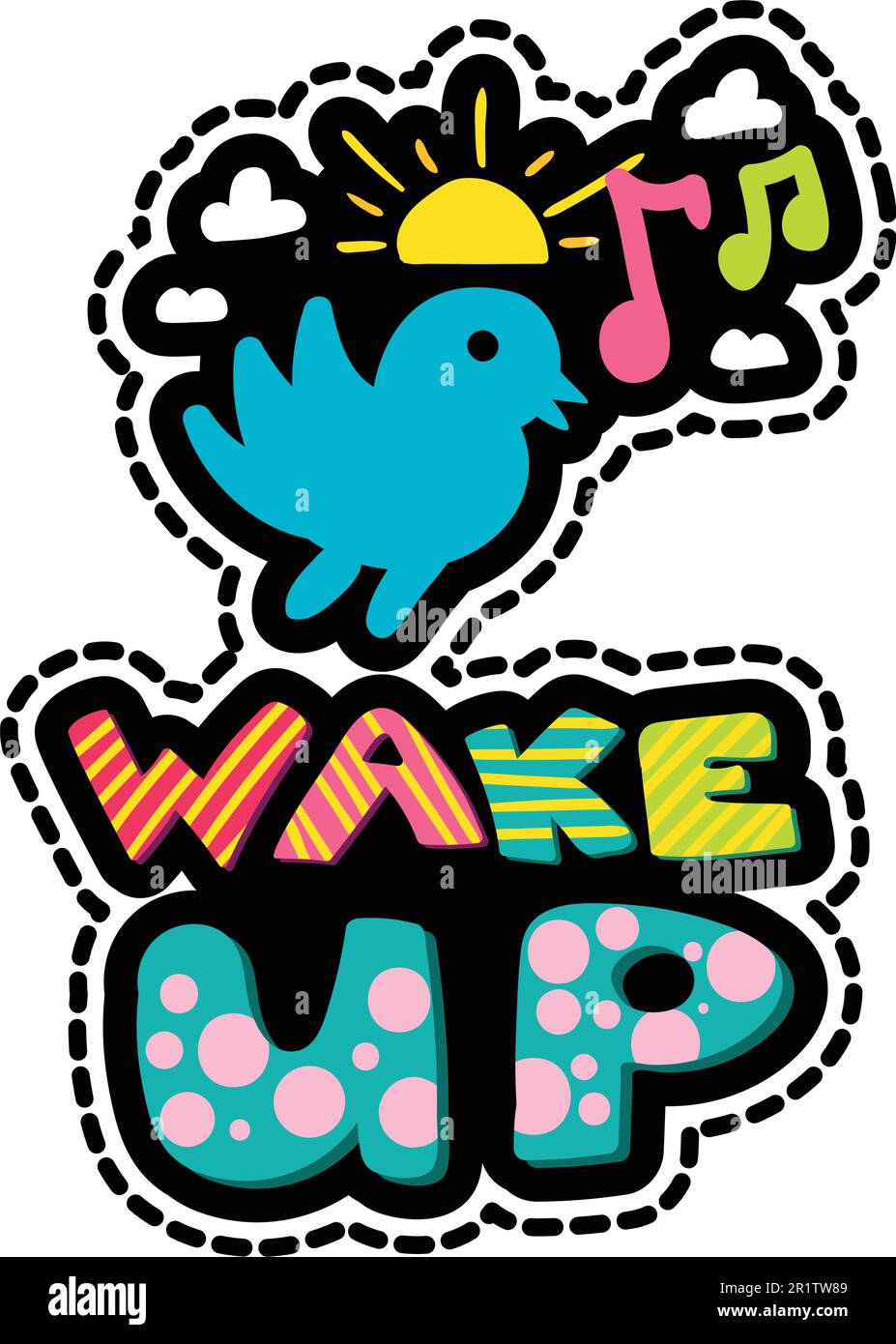Wake up dash line sticker. Morning flat patch. Stitched frame bird ...
