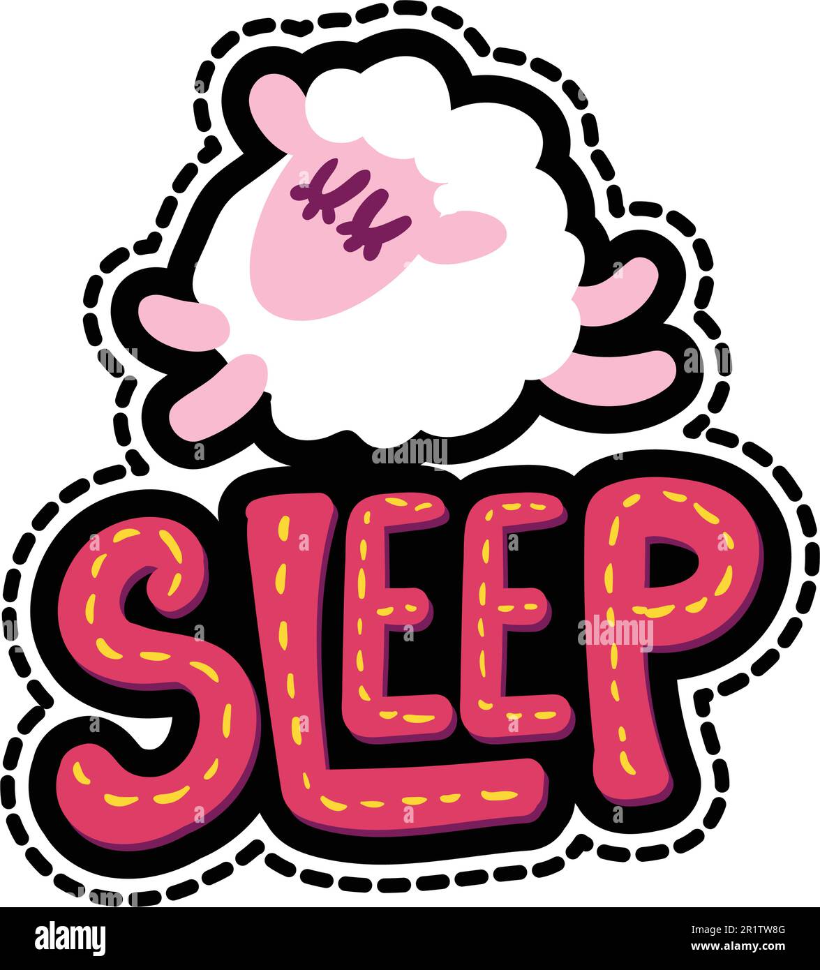 Sheep stitched frame illustration. Sleep lettering flat sticker. Dash ...