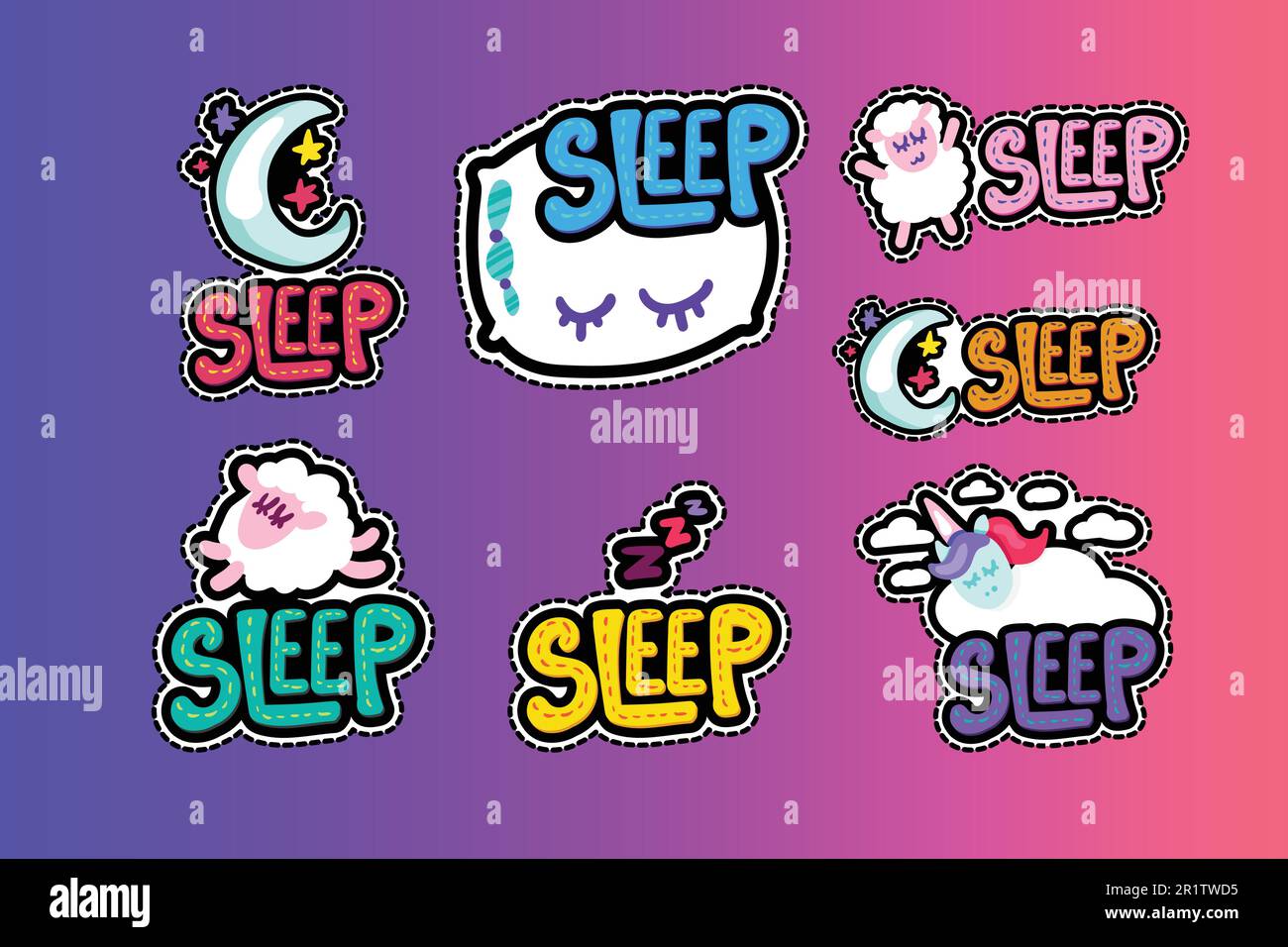 Dream lettering illustrations set. Good night stickers pack with stitch ...