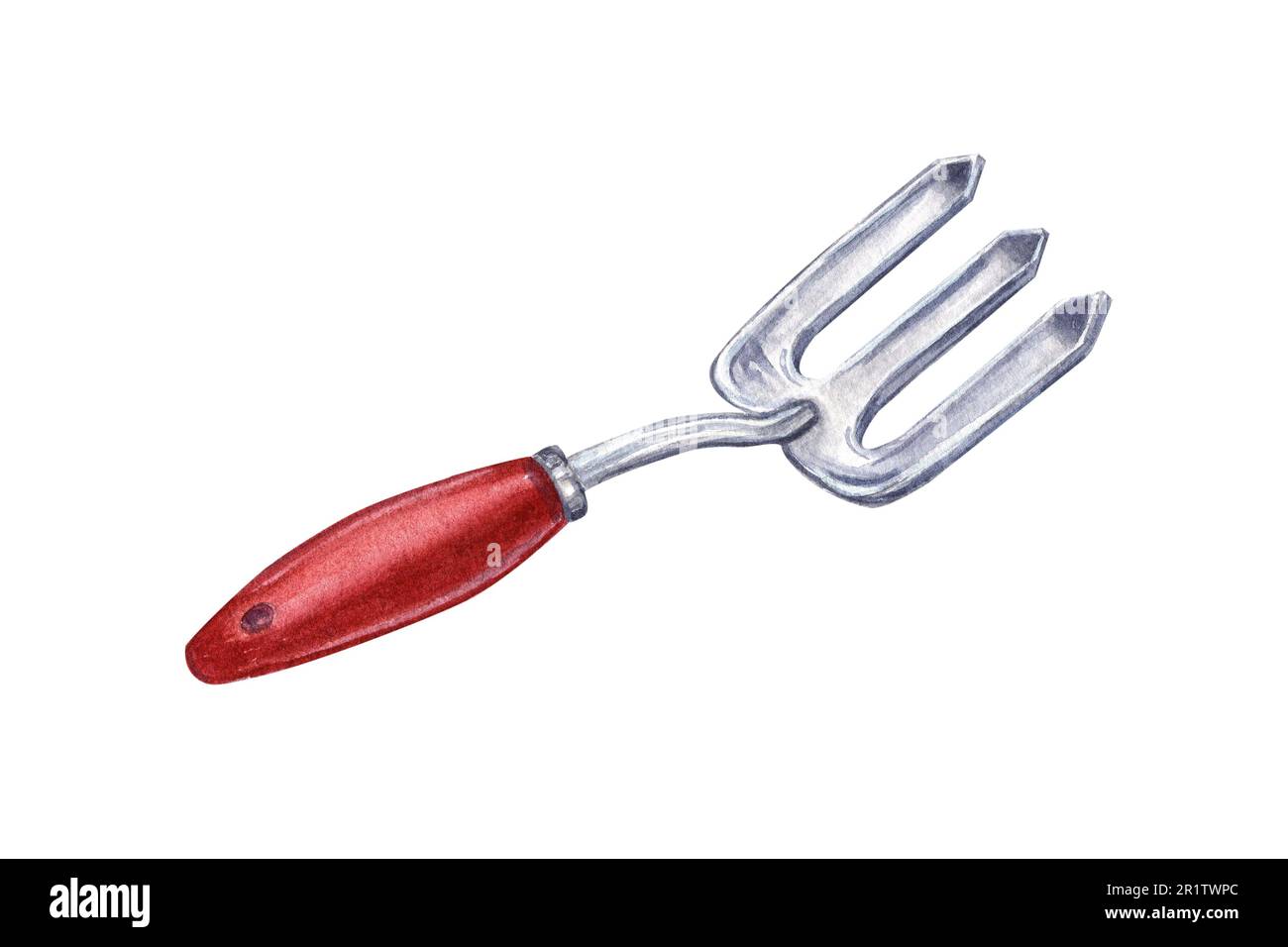 Small fork with red wooden handle isolated on white background. Hand ...