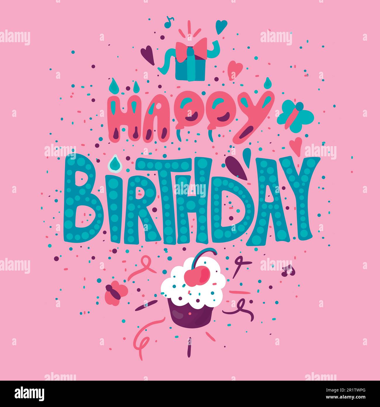 Happy Birthday hand drawn color lettering. Greeting card, poster ...