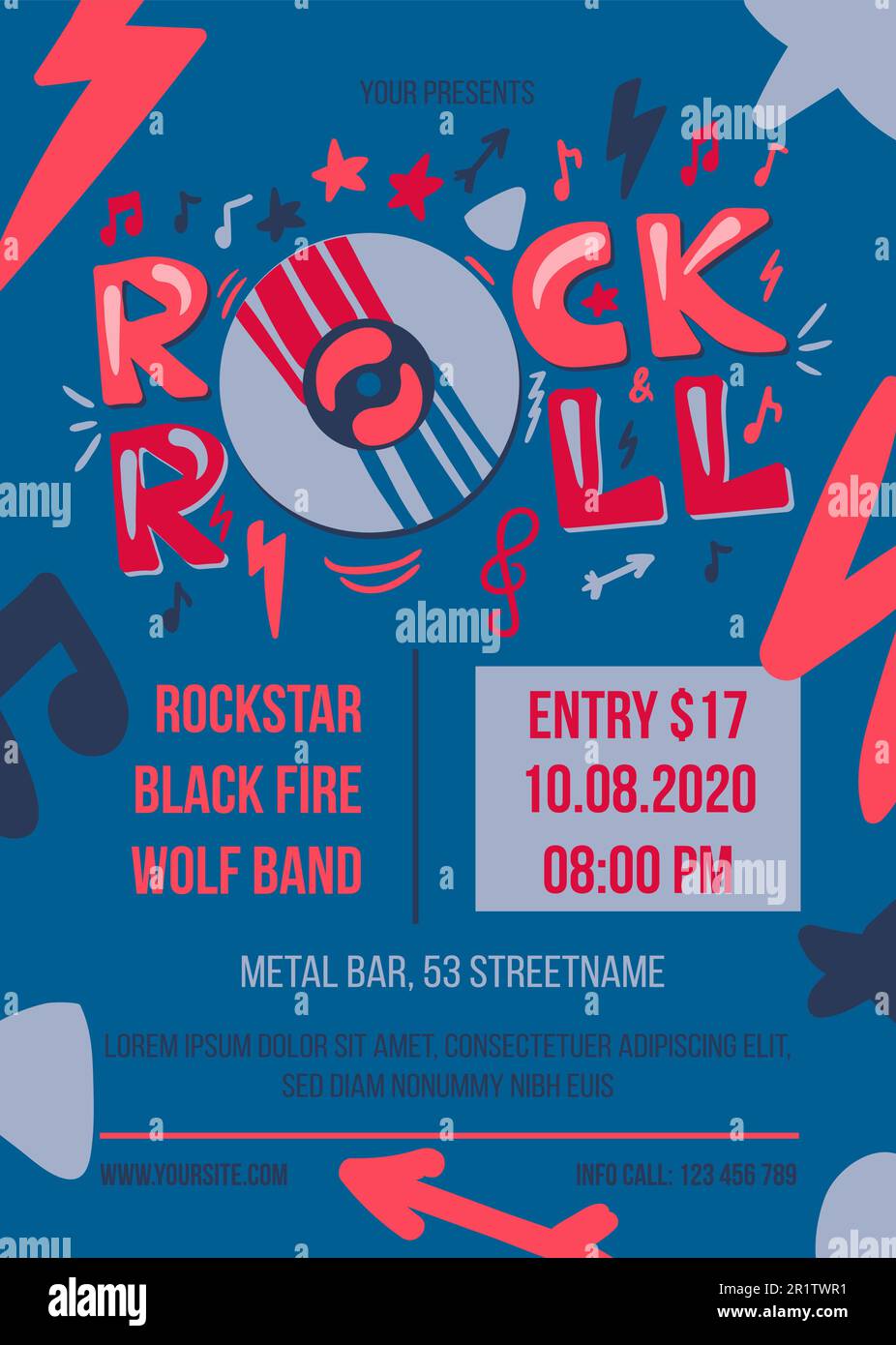Rock and roll party vector poster template. Entertainment event web ...