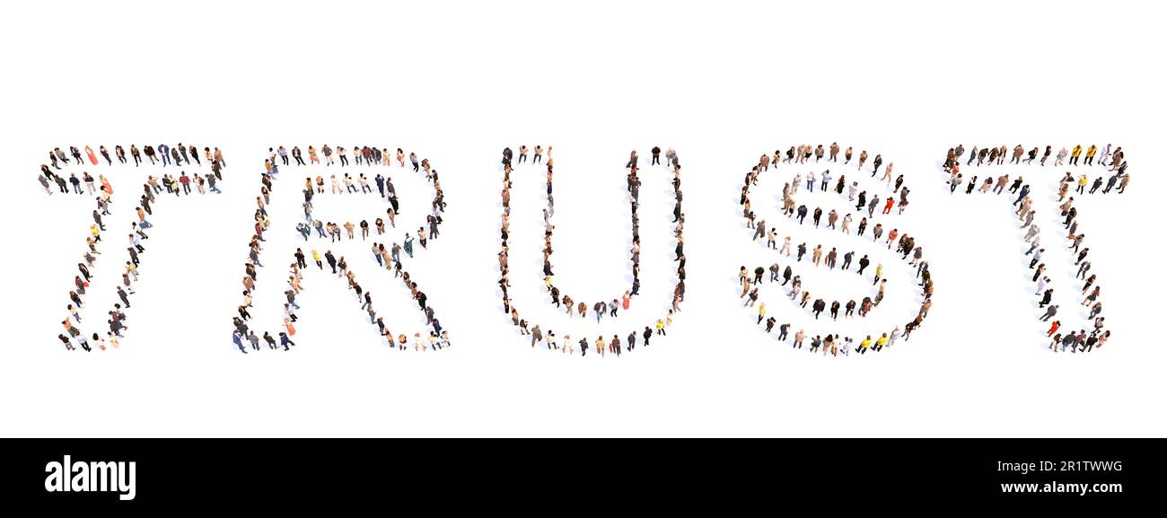 Conceptual large community of people forming TRUST word. 3d ...