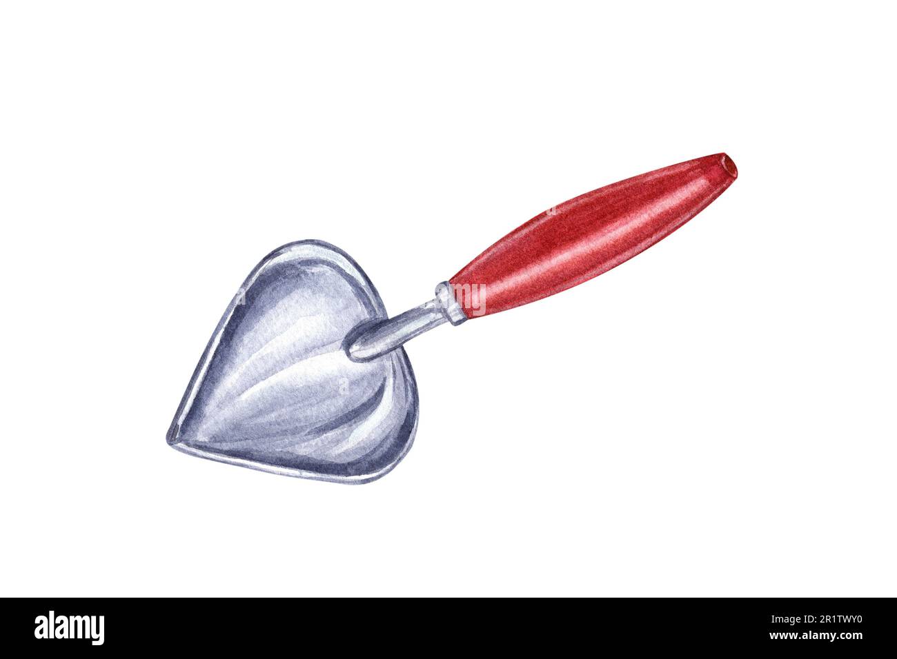 Small trowel with red wooden handle isolated on white background. Hand ...