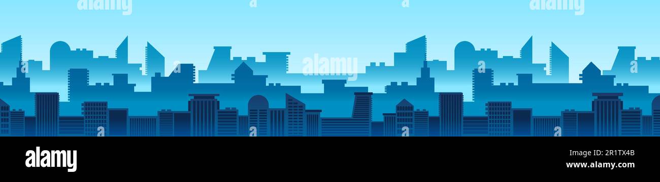 Modern cityscape horizontal background. Blue urban scenery with ...