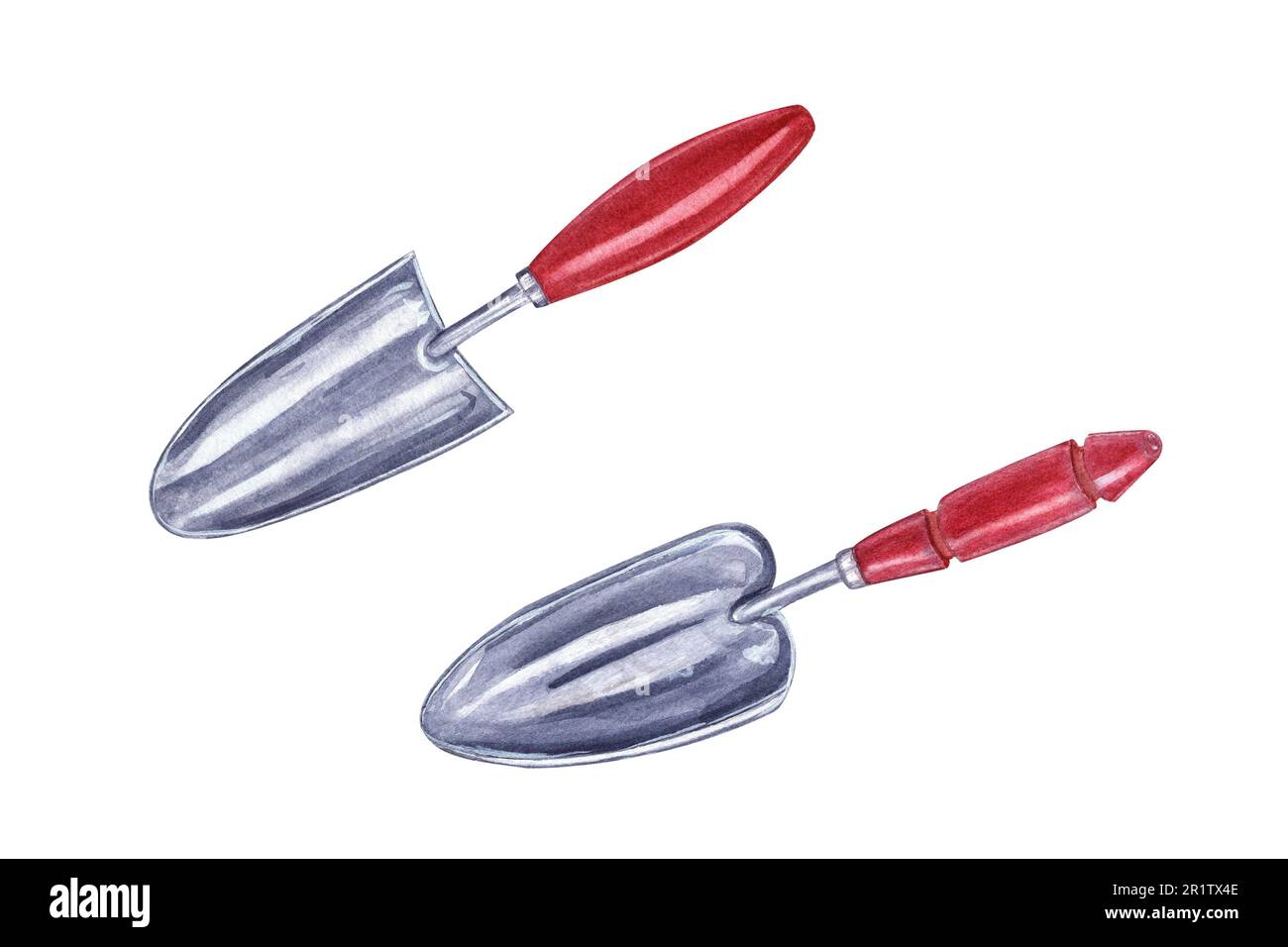 Small steel shovels with red wooden handles isolated on white ...