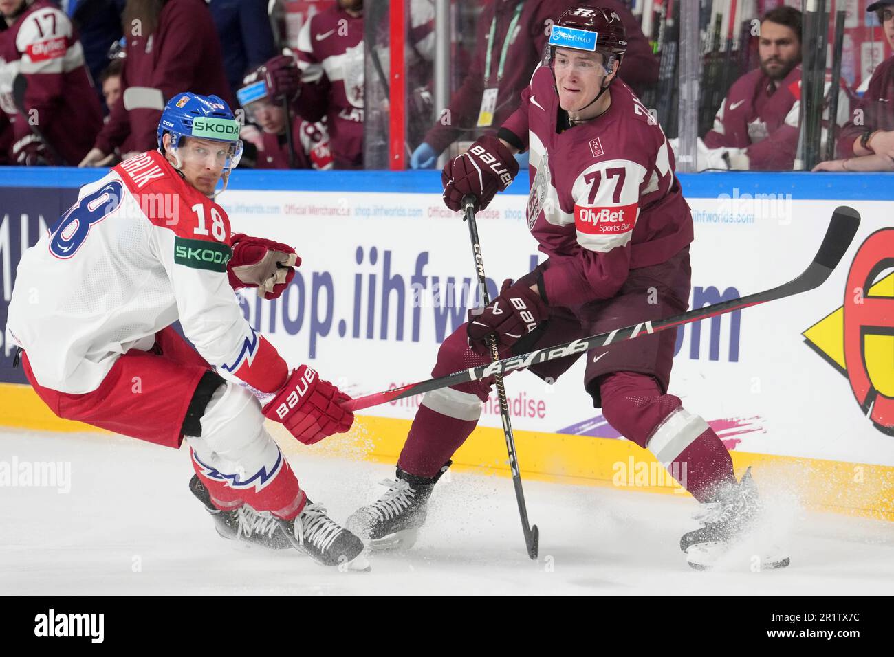 Kristaps Zile of Latvia, right, fights for a puck with Dominik Kubalik ...