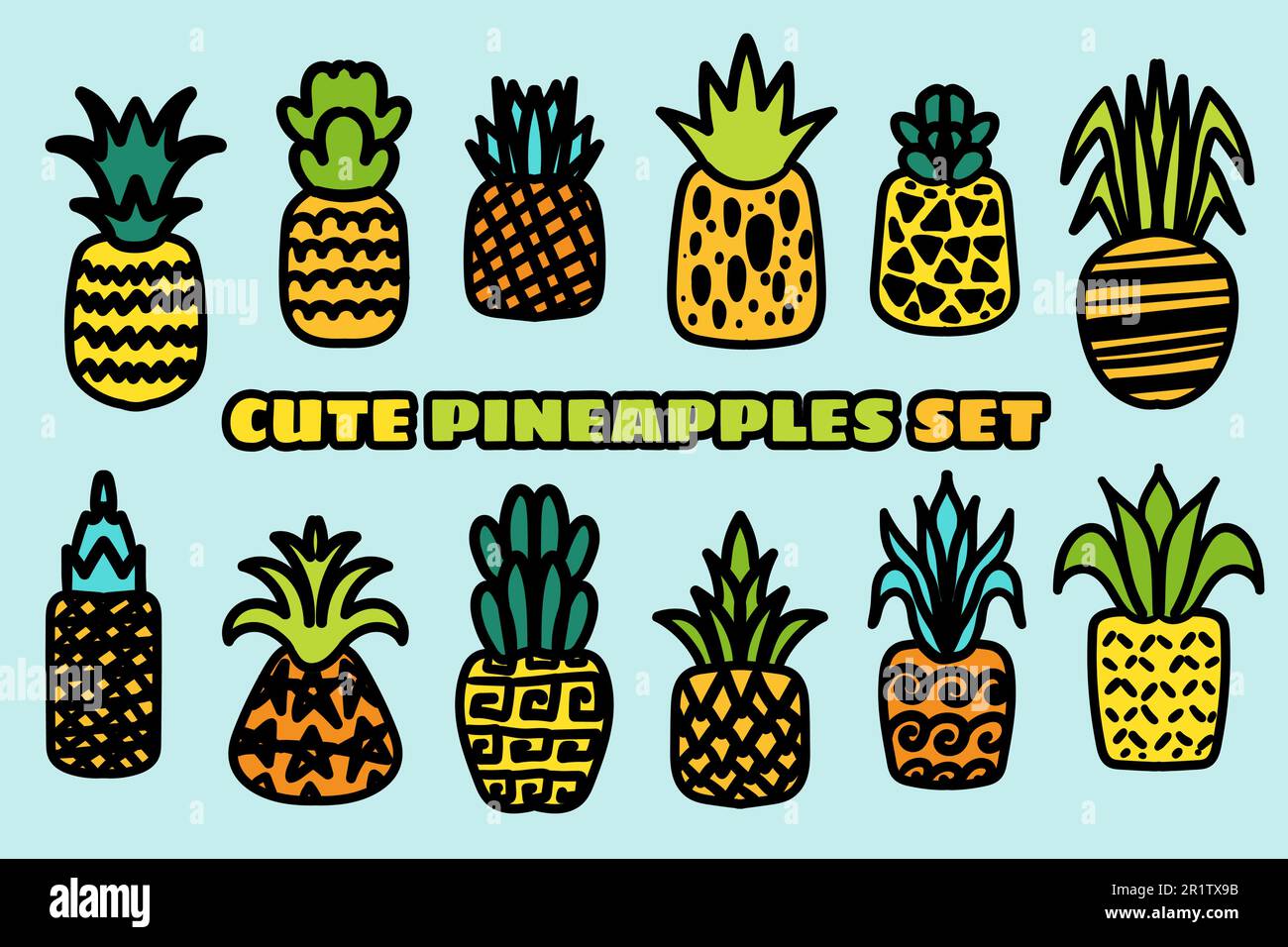 Pineapples vector hand drawn illustration set. Tropical fruits ...