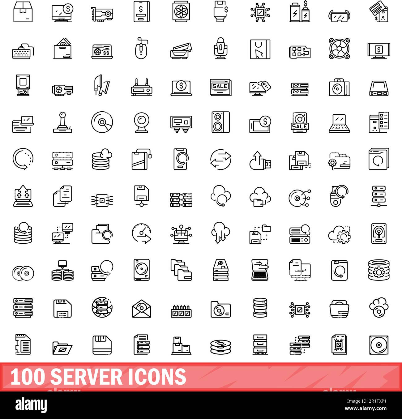 100 server icons set. Outline illustration of 100 server icons vector ...