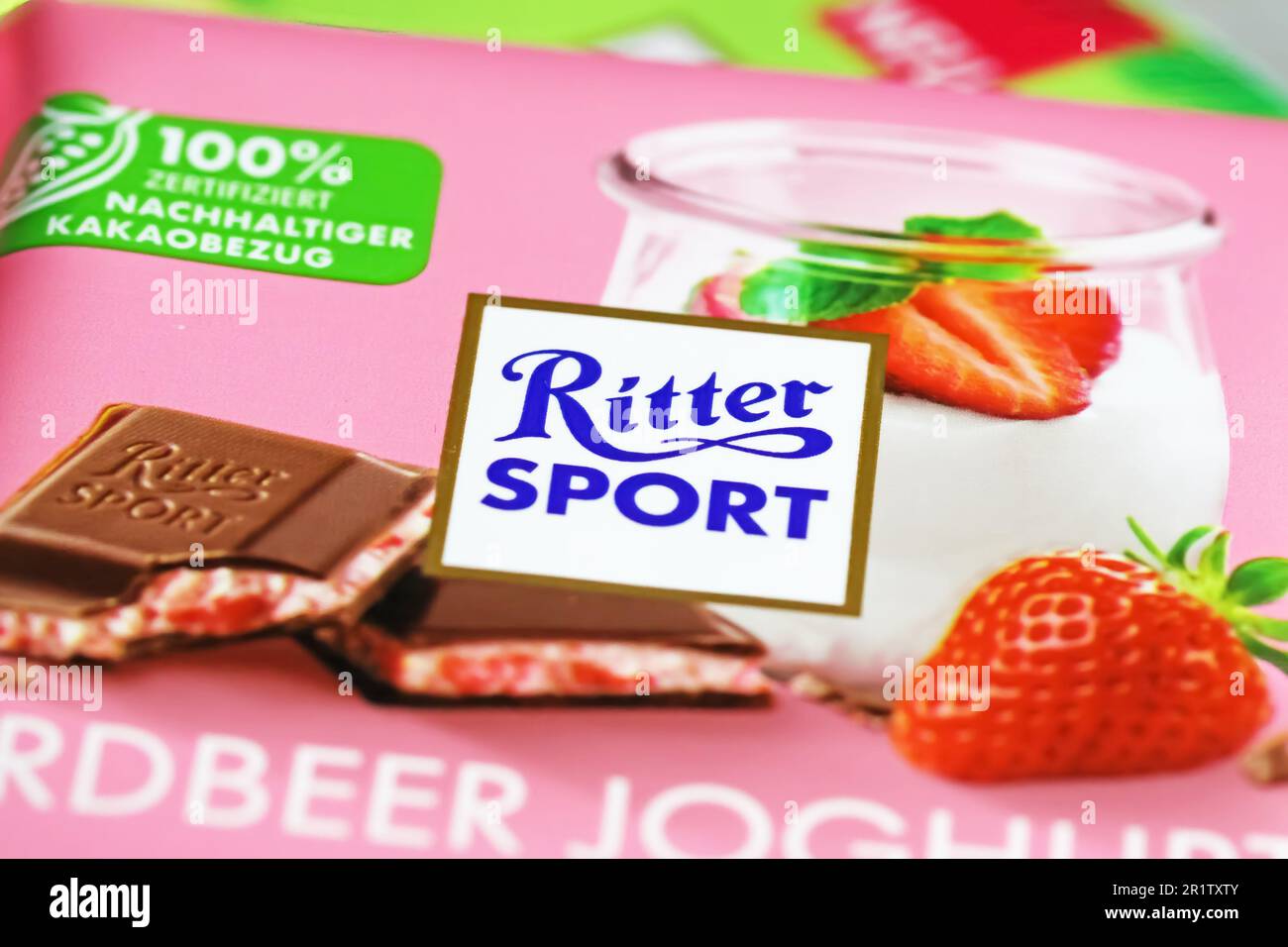 Viersen, Germany - May 9. 2023: Closeup of Ritter Sport strawberry ...