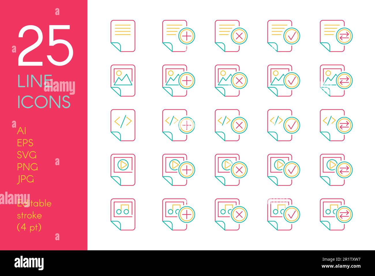 Documents and files color linear icons set. Data storage blue and ...