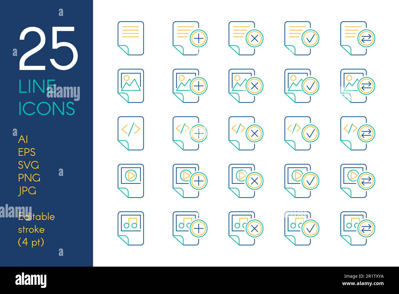 Documents and files color linear icons set. Data storage blue and ...