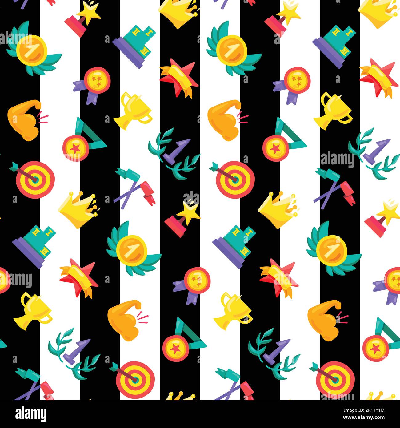 Awards seamless color cartoon pattern. Winner trophies, medals, rewards ...