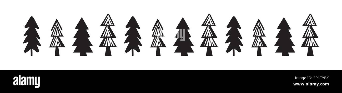 Quirky fir tree scandi linocut vector border. Washi tape design in ...