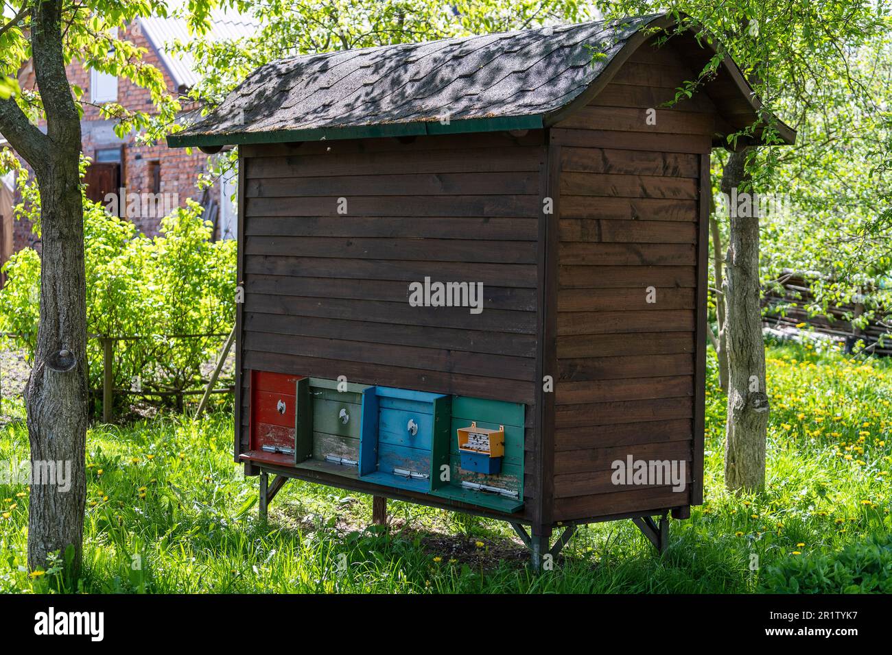 Set of wooden beehive in the spring garden, close up. Large wooden bee ...