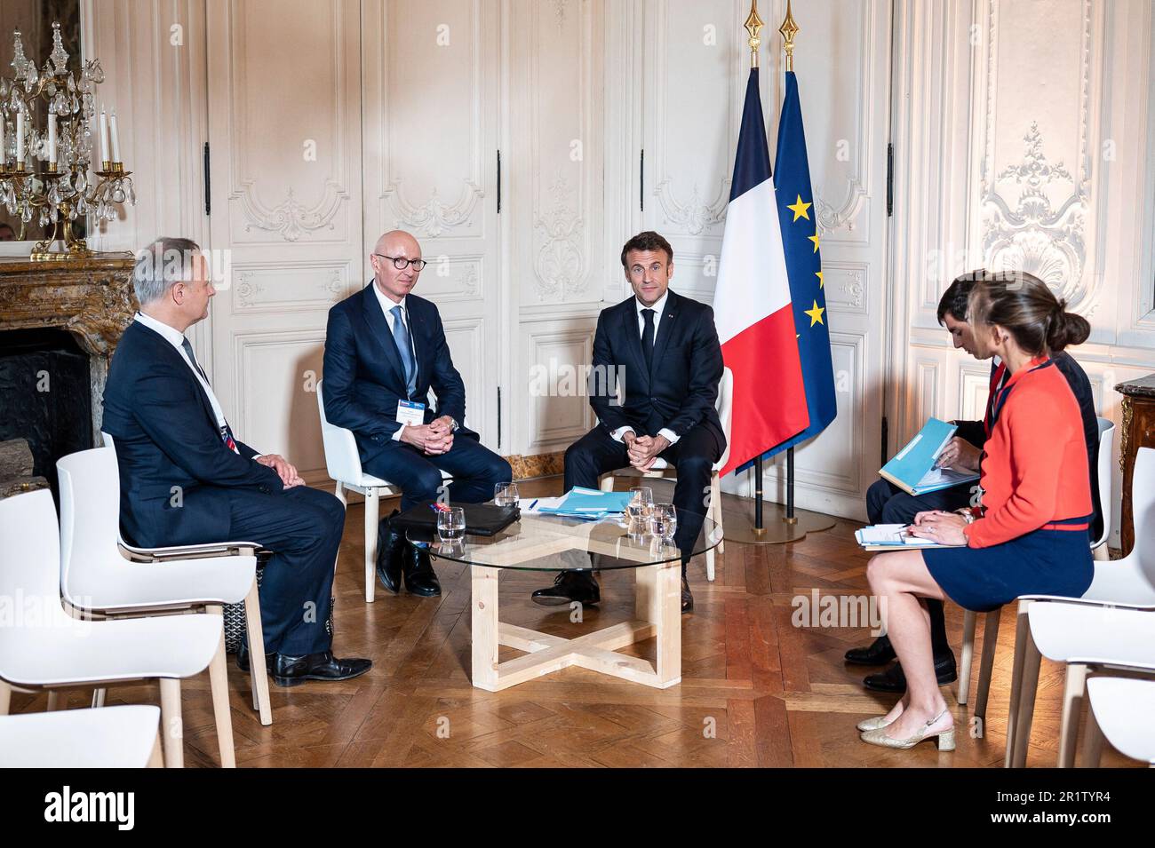 Versailles, France. 15th May, 2023. French President Emmanuel Macron (R ...