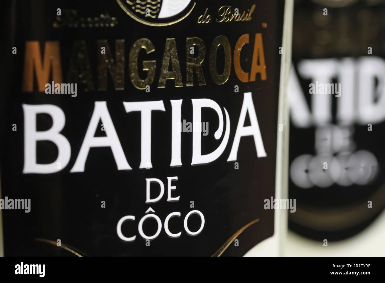 Viersen, Germany - May 9. 2023: Closeup of Batida de Coco bottle label ...