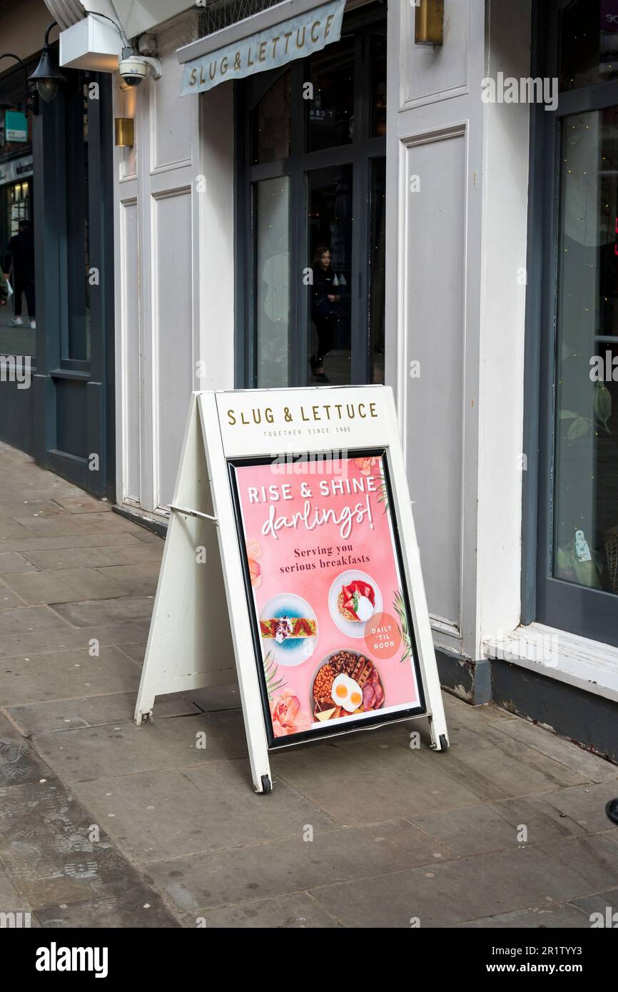 Slug and Lettuce restaurant A board sign serving breakfasts, High ...