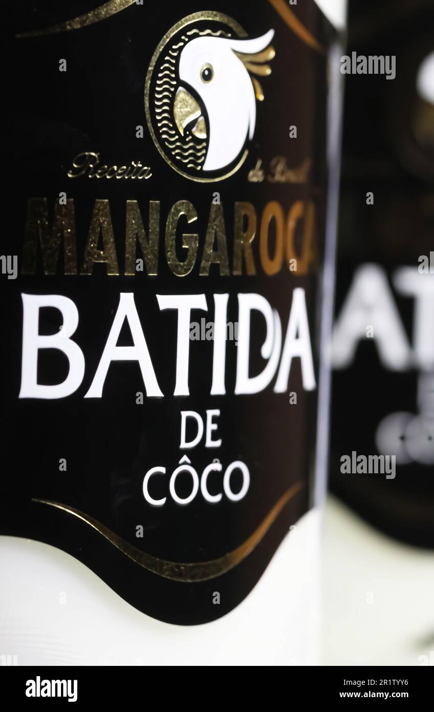 Viersen, Germany - May 9. 2023: Closeup of Batida de Coco bottle label ...