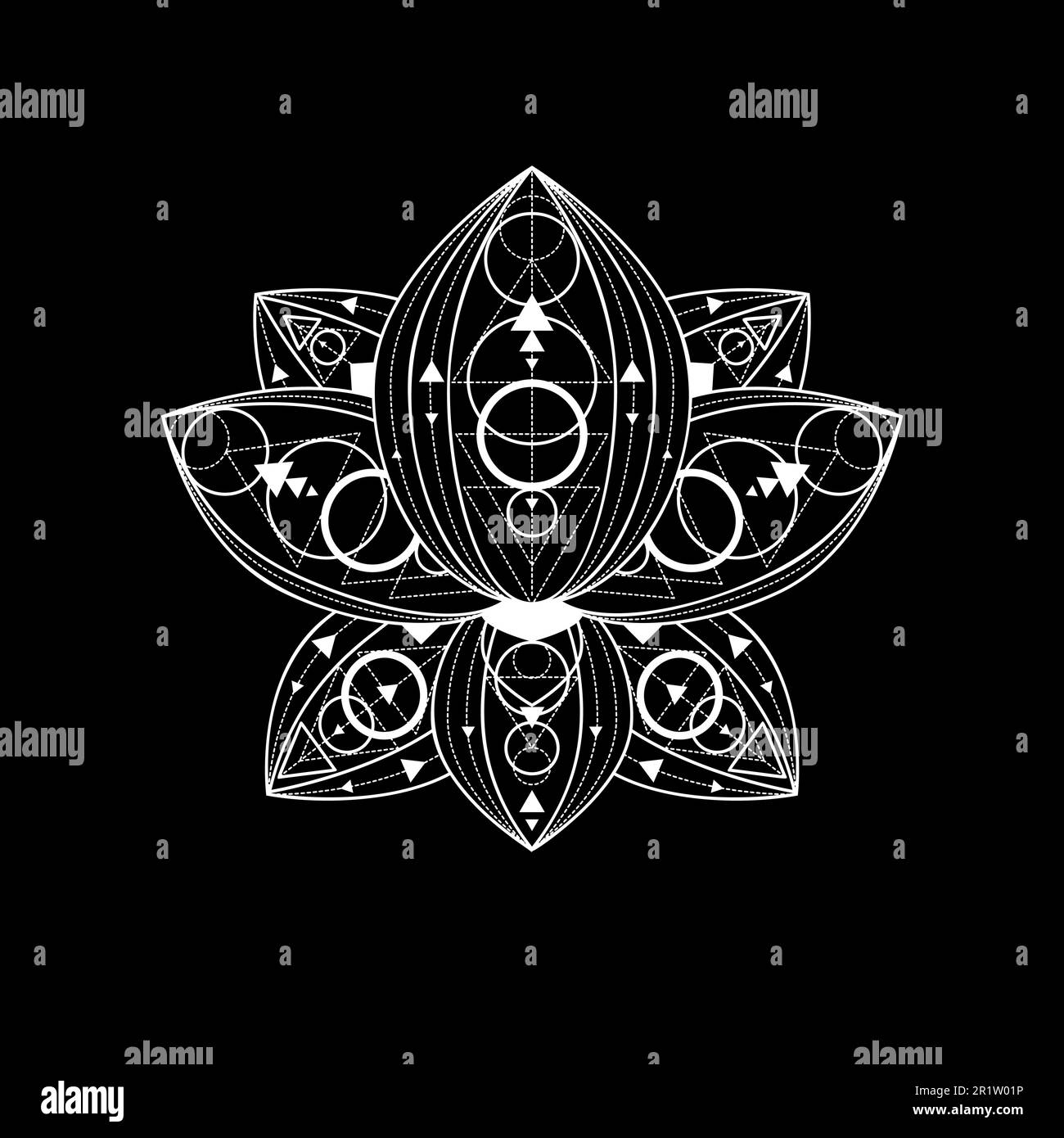 Lotus flower with geometric ornament vector linear illustration. Indian ...
