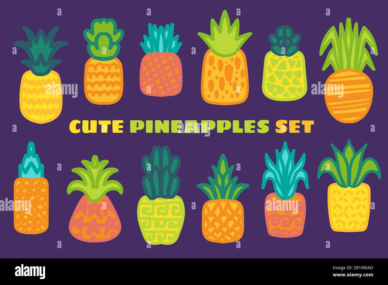 Ripe pineapple hand drawn vector illustrations set. Juicy tropical ...