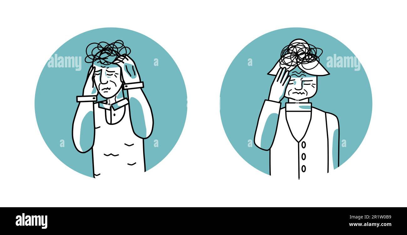 Stressed old man and woman with emotion of anxiety circle icon, facial ...