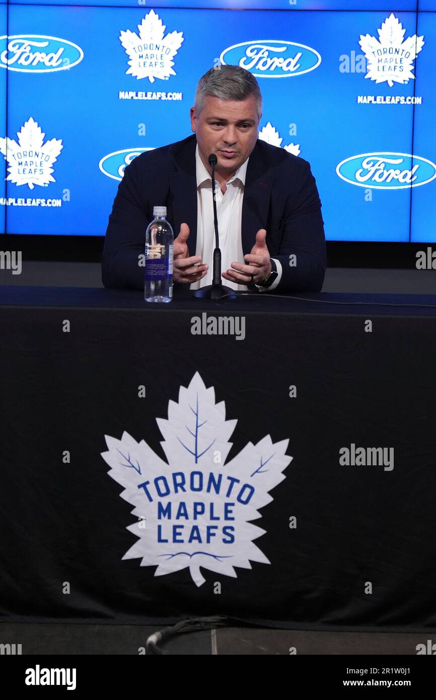 Toronto Maple Leafs coach Sheldon Keefe speaks to media during an end ...