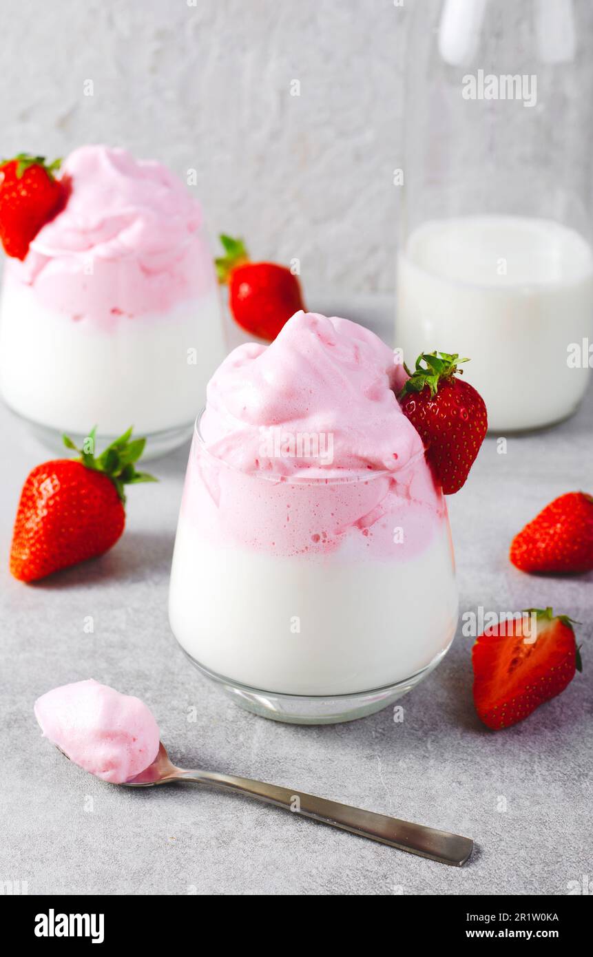 Whipped Strawberry Milk, Strawberry Milkshake, Dalgona Style Drink with ...