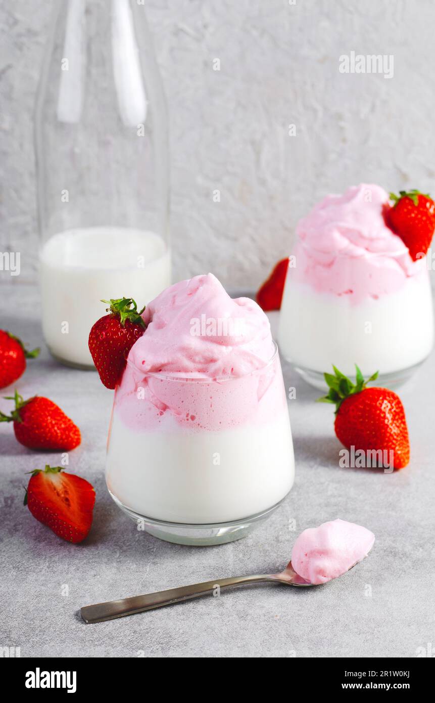 Whipped Strawberry Milk, Strawberry Milkshake, Dalgona Style Drink with ...