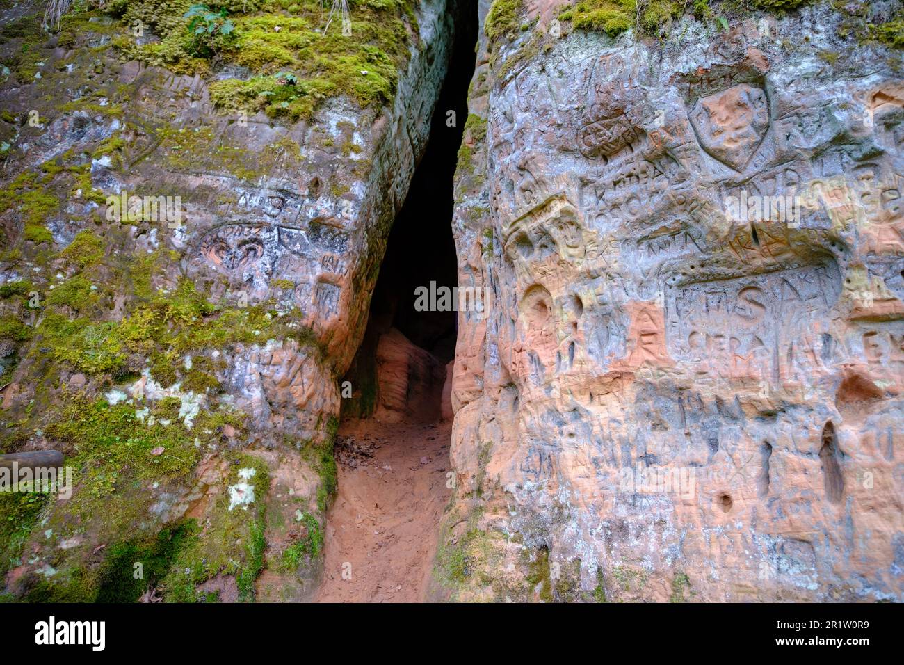 Red sandstone cliffs. Entrance to the cave in Gauja park, Sigulda ...