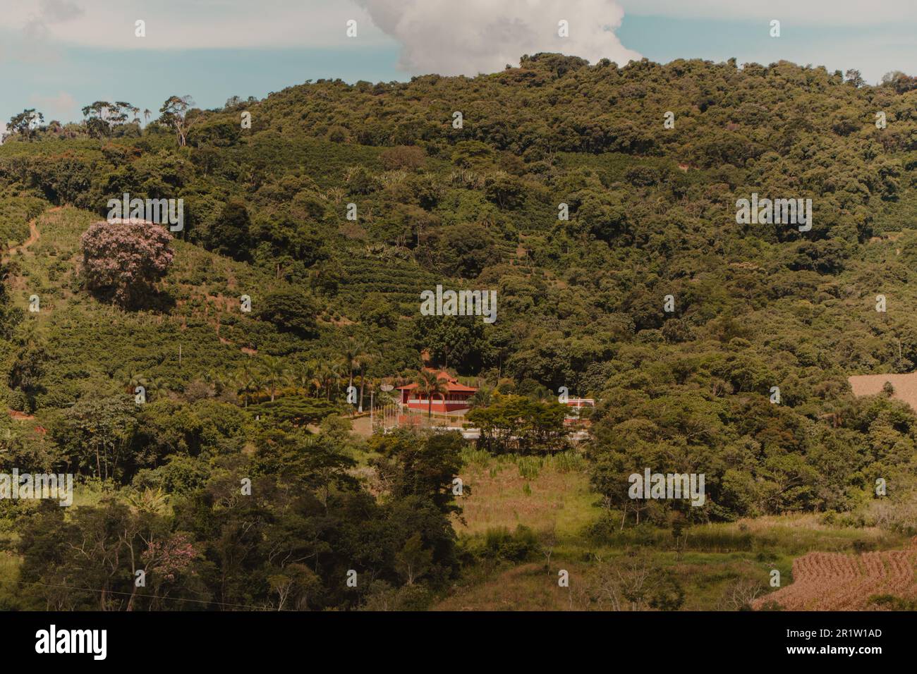 house in the valley surrounded by mountains Stock Photo - Alamy