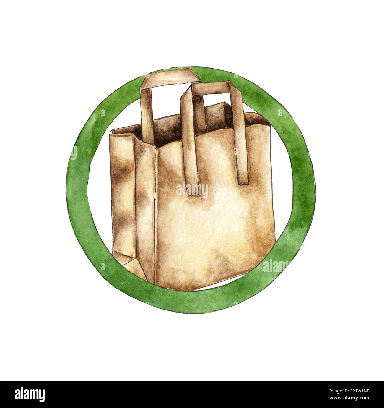 Watercolor illustration of a paper shopping bag in a green circle. Eco ...