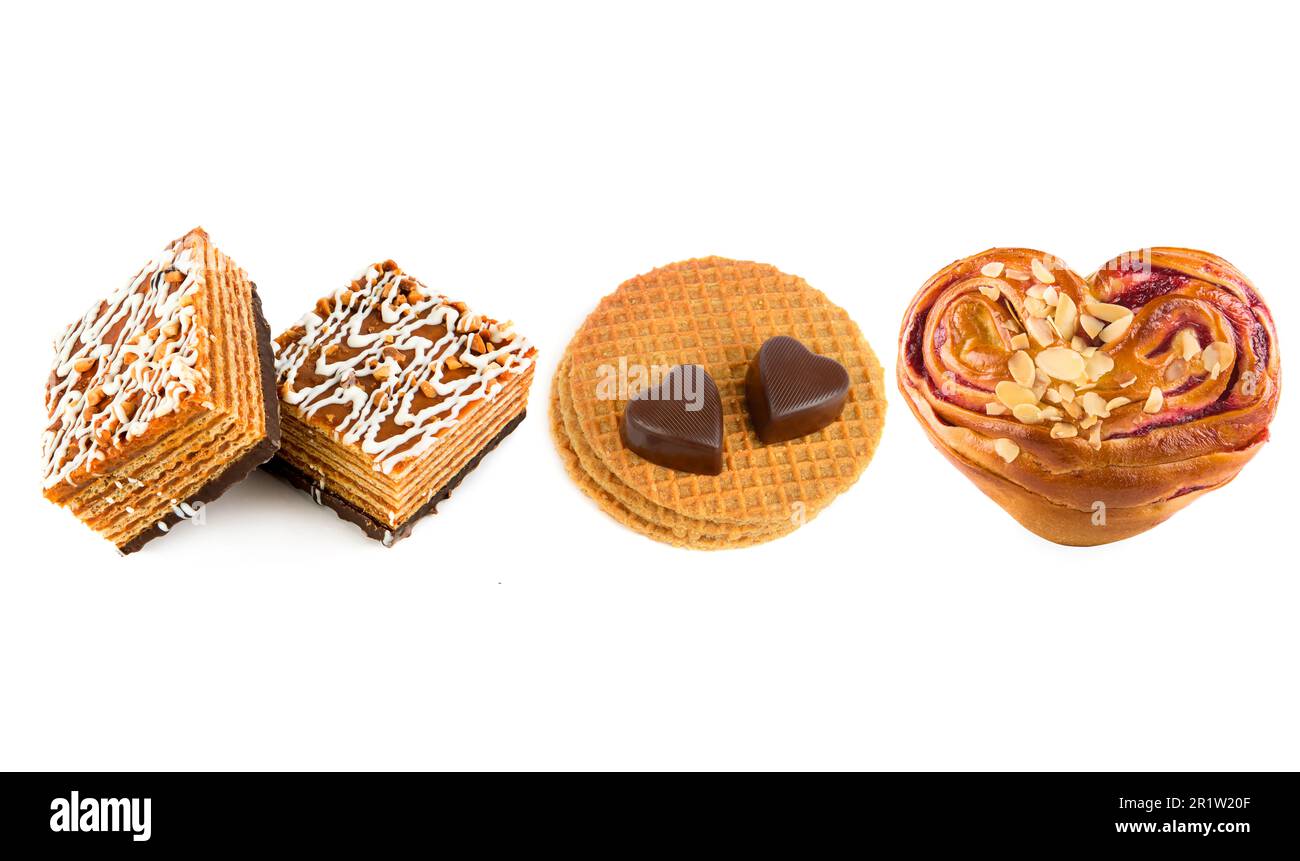 Pastry, belgian waffles and sweet bun isolated on white background ...