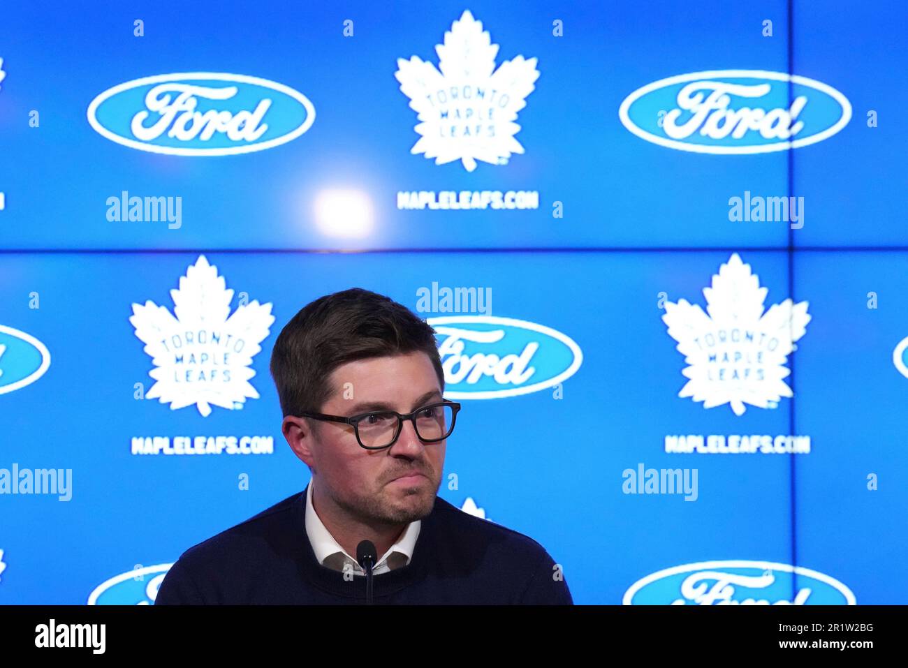 Toronto Maple Leafs general manager Kyle Dubas speaks to media during ...
