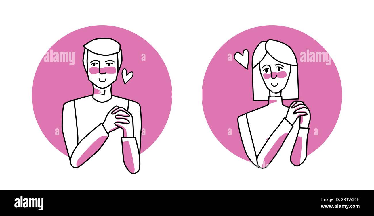 Shy man and woman with emotion of love circle icon, facial expression ...
