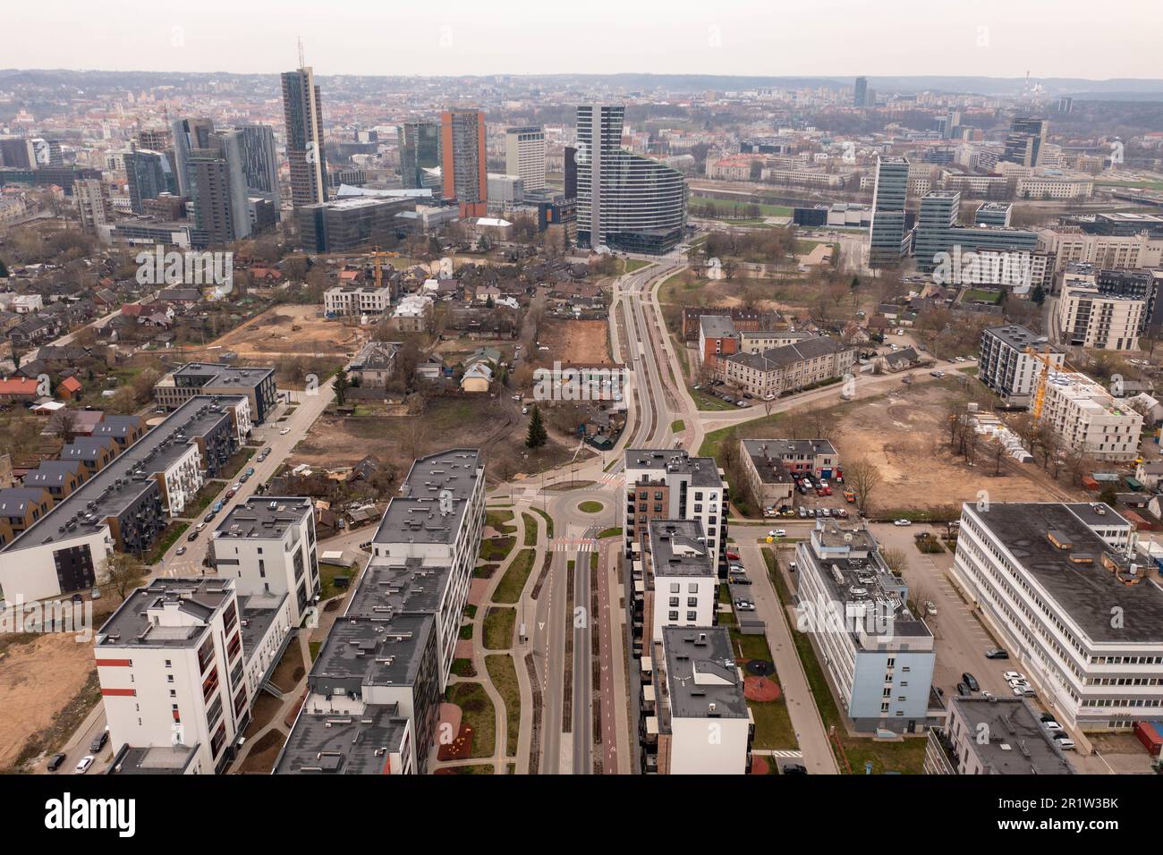 Drone photography of new high rise skyscrapers and old residential ...
