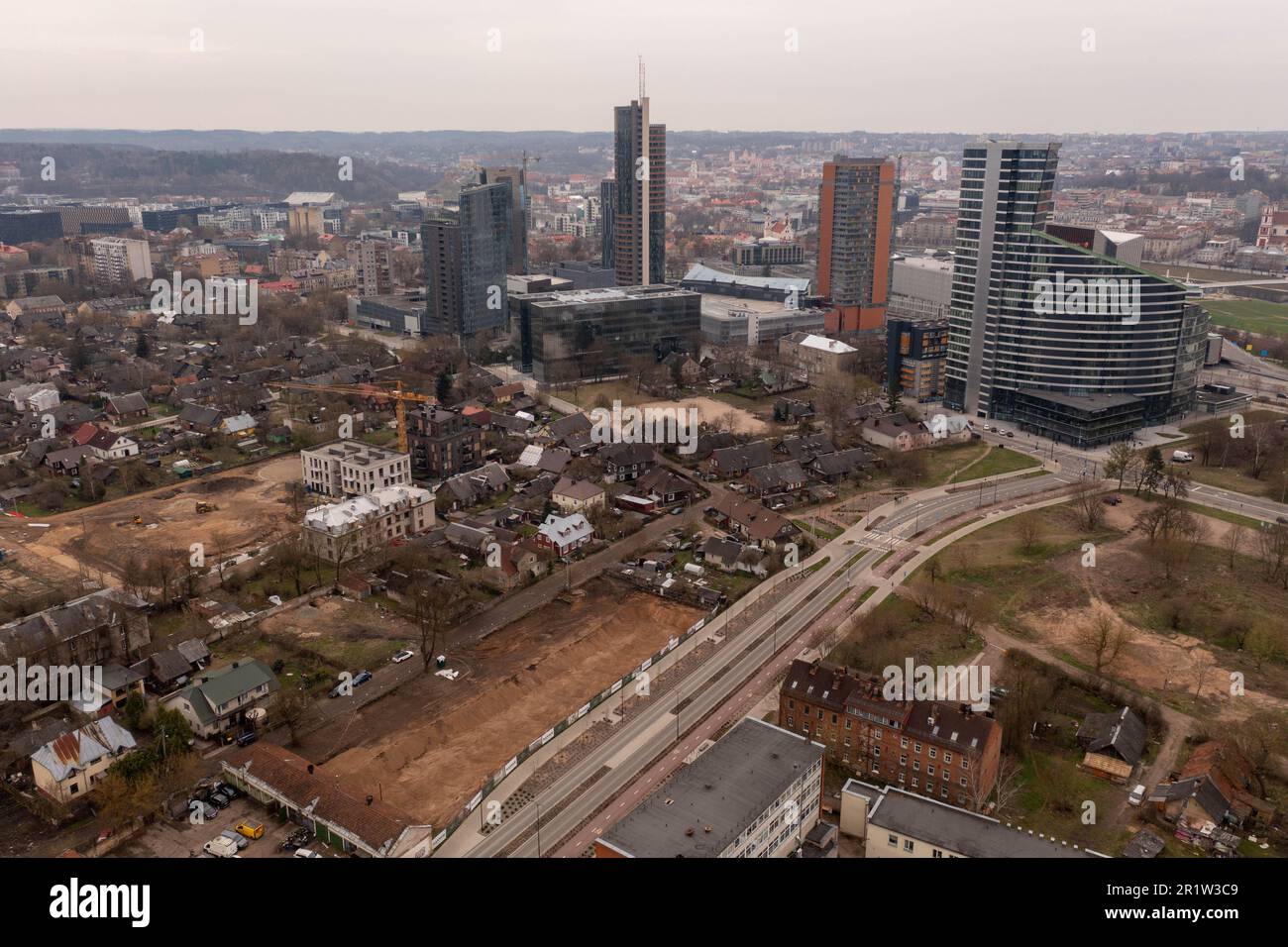 Drone photography of new high rise skyscrapers and old residential ...