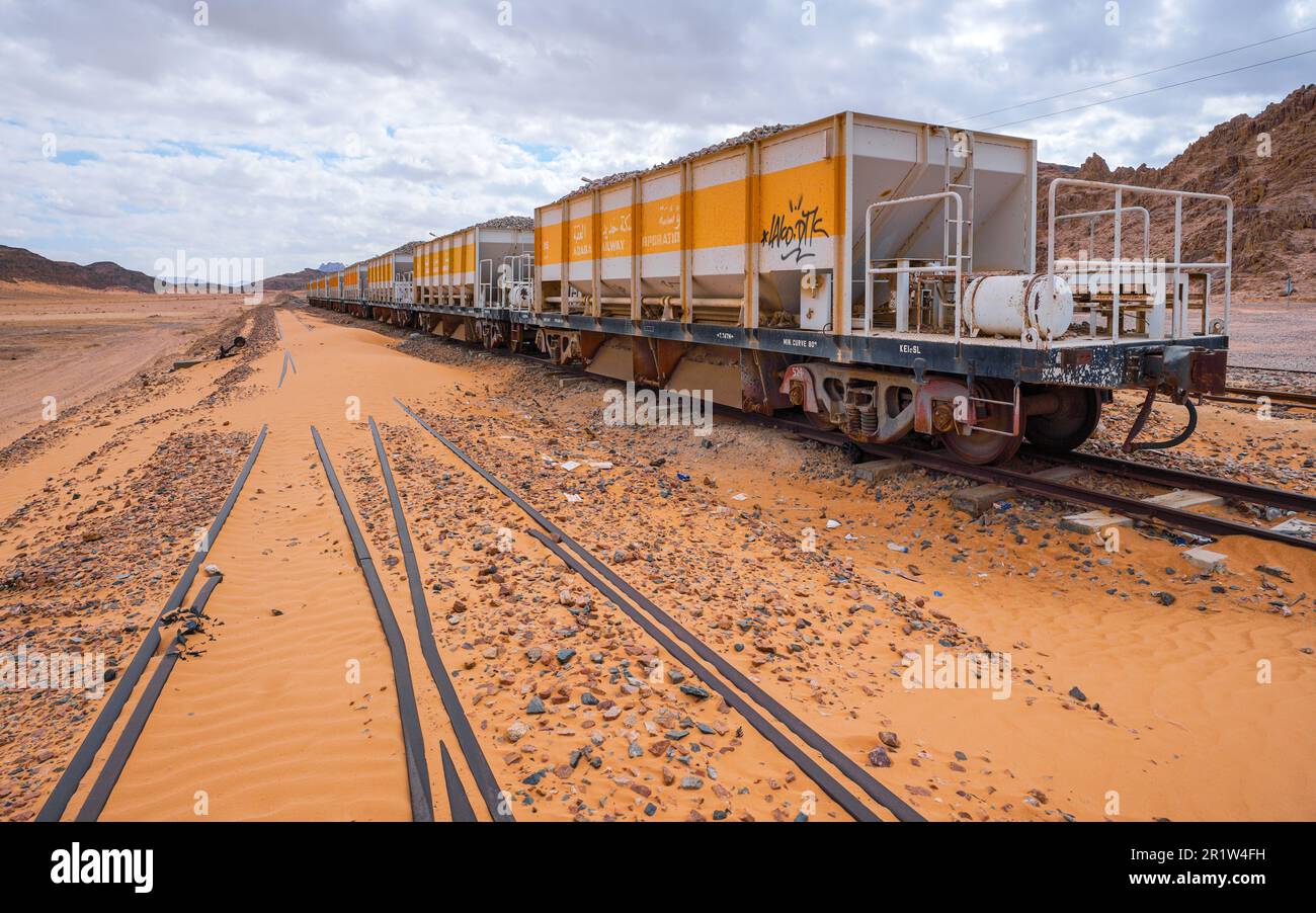 Wadi Rum, Jordan - January 19, 2020: Old unused train at Wadi Rum train ...