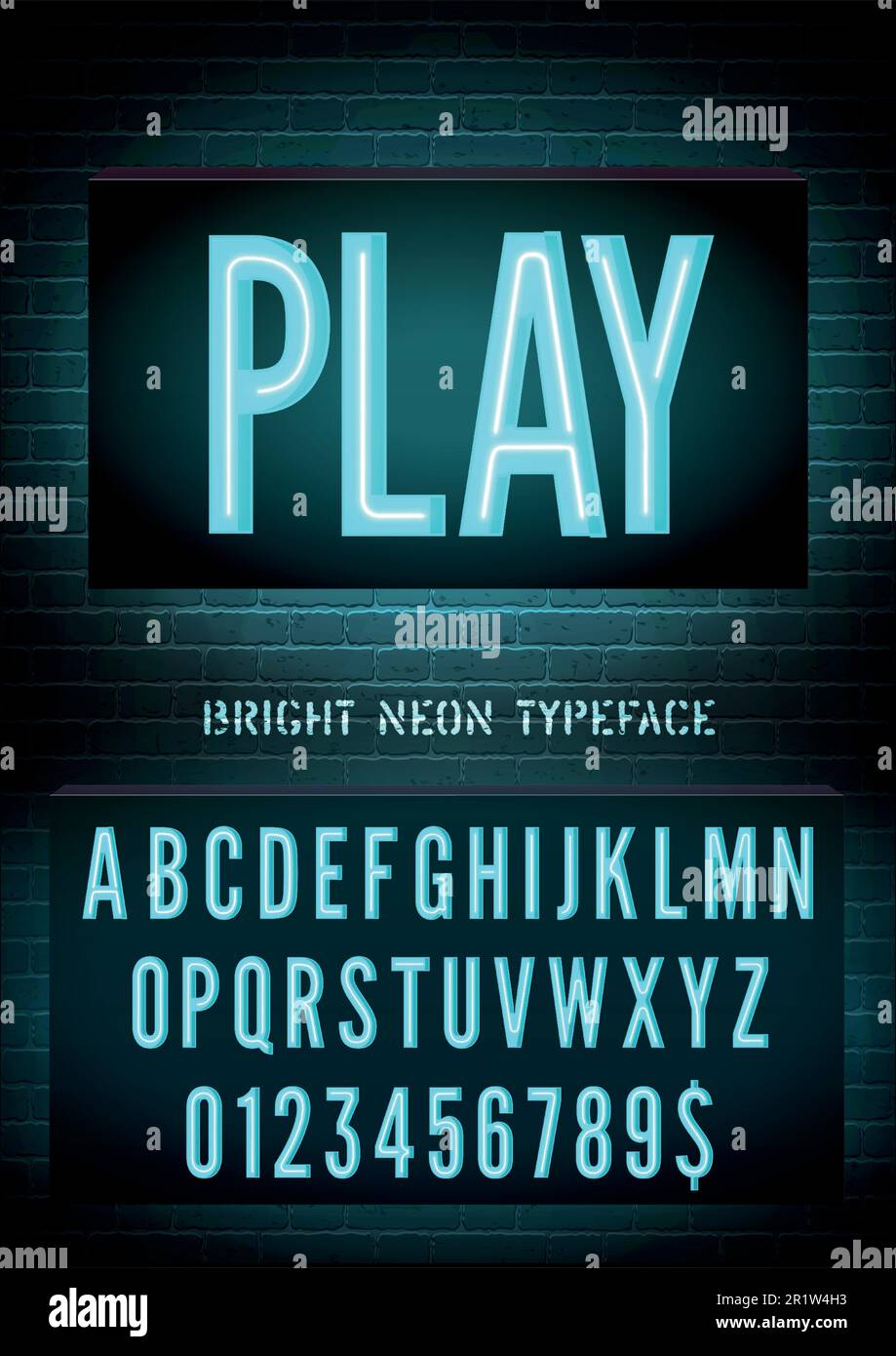 Narrow blue neon box font with numbers on dark brick wall background ...
