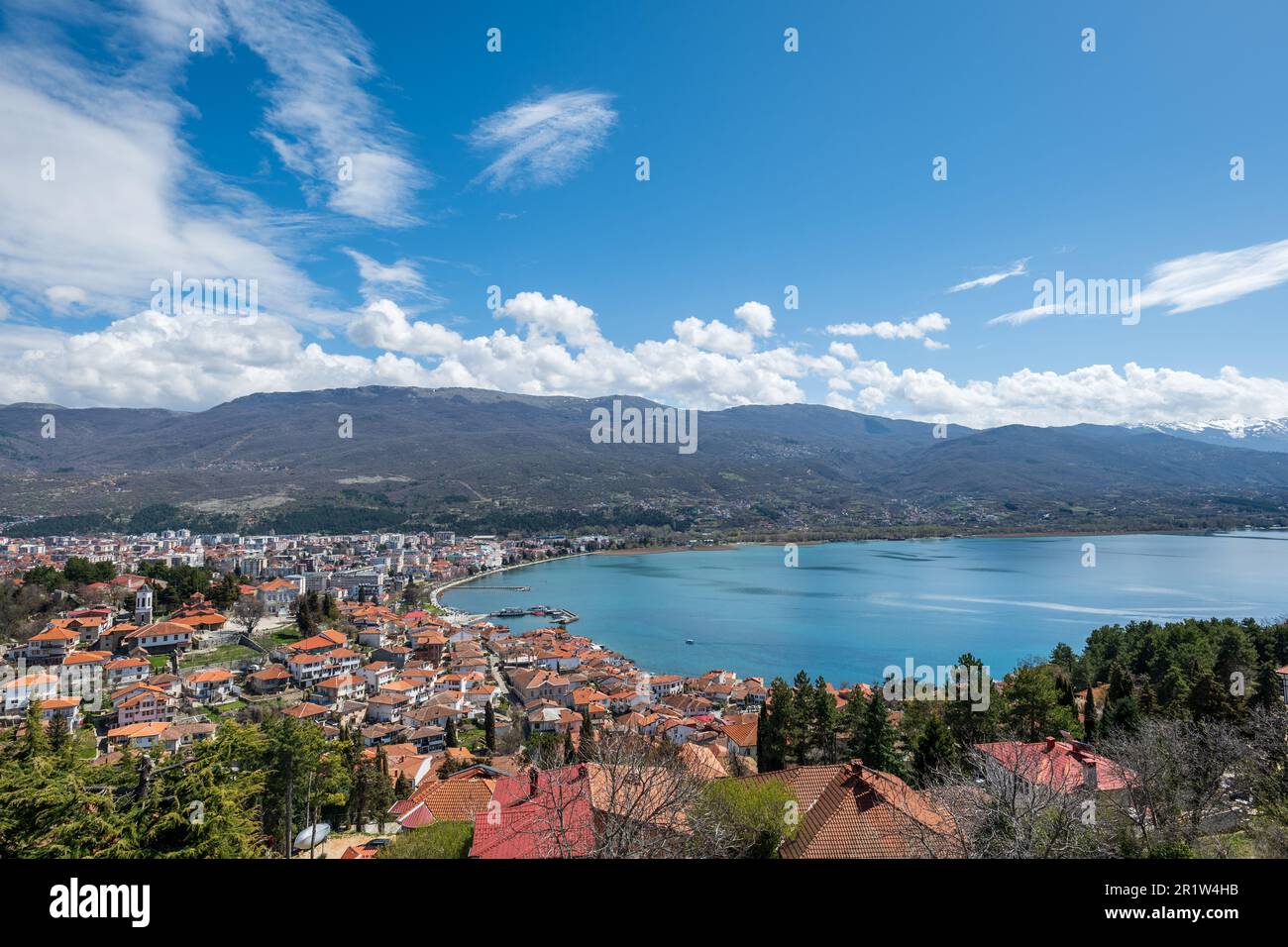 Aerial view of Ohrid Lake, city of Ohrid. Ohrid is a Macedonian resort ...