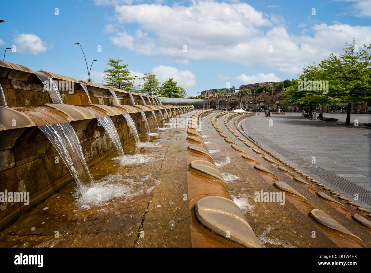 Water feature in Sheaf Square front of Sheffield Railway station, taken ...
