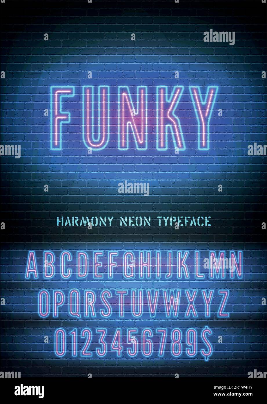 Funky sign and pink blue neon narrow bold font with numbers on vector ...