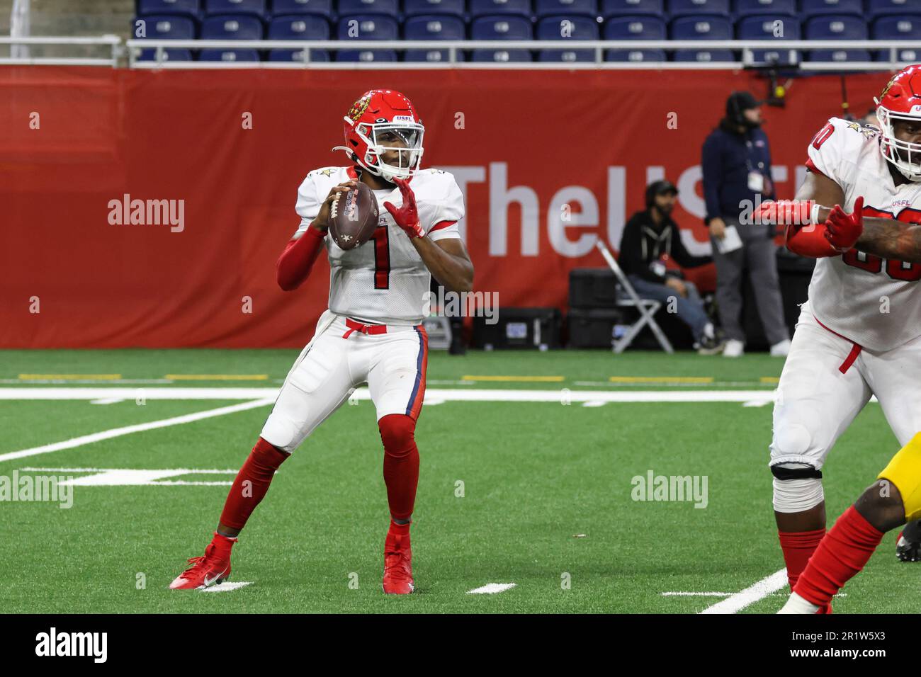 DETROIT, MI - MAY 14: New Jersey Generals quarterback De'Andre Johnson (1) looks to throw a pass ...
