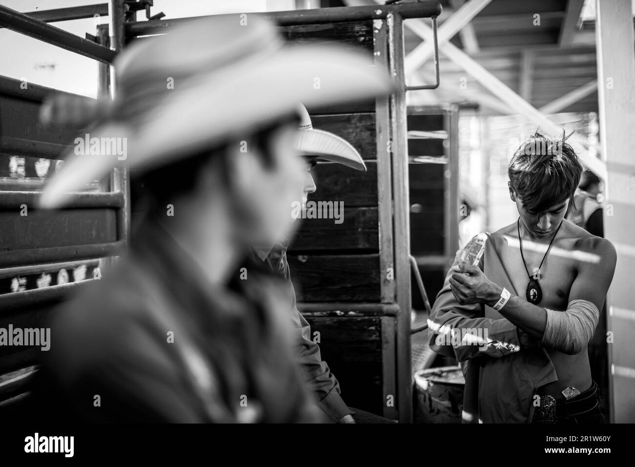 Cowboys, during the rodeo circuit at the Expo Ganadera de Sonora, on ...