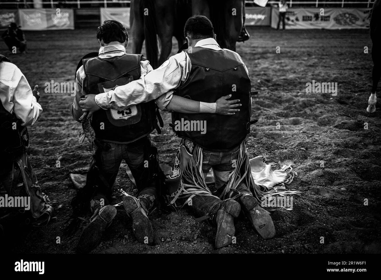 Cowboys, during the rodeo circuit at the Expo Ganadera de Sonora, on ...