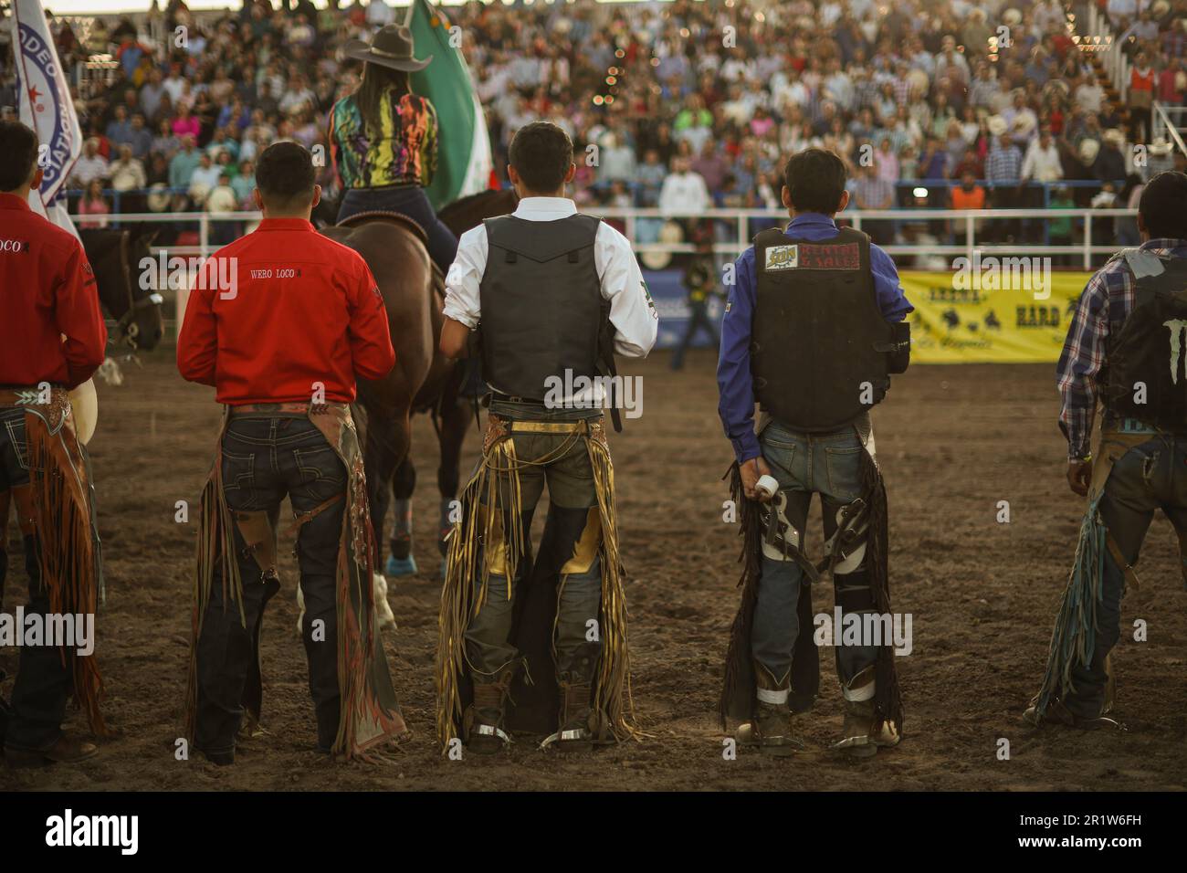 Cowboys, during the rodeo circuit at the Expo Ganadera de Sonora, on ...