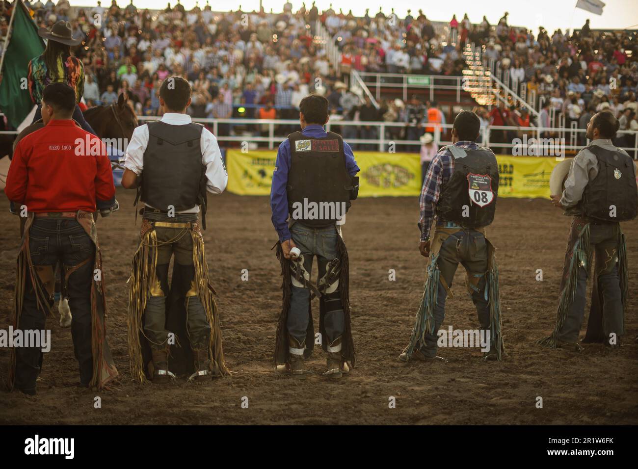 Cowboys, during the rodeo circuit at the Expo Ganadera de Sonora, on ...