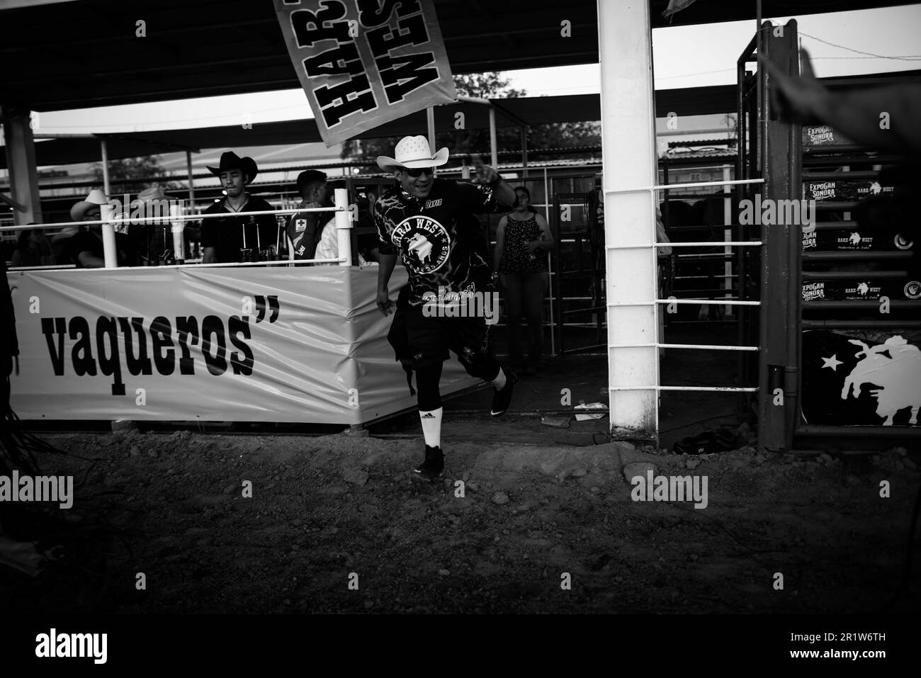 Cowboys, during the rodeo circuit at the Expo Ganadera de Sonora, on ...